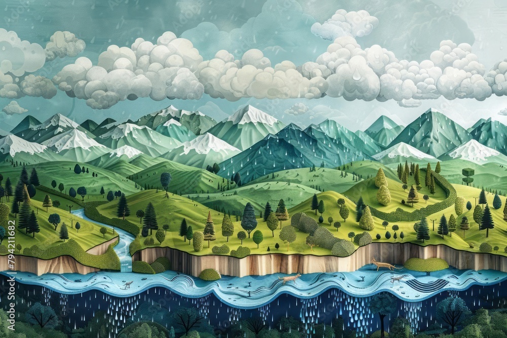 Depiction of the water cycle, with clouds, rain, and groundwater ...