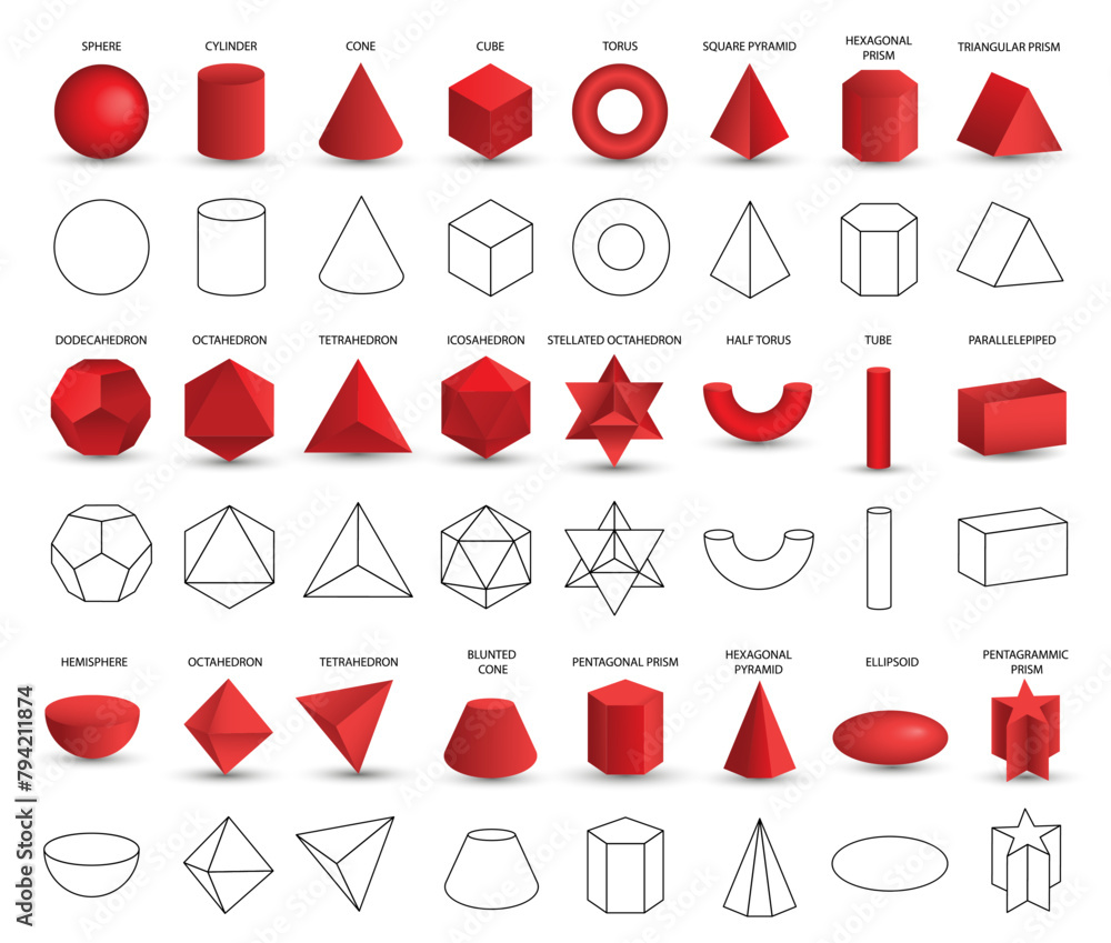 Set Of Vector Realistic 3d Red Geometric Shapes Isolated On White