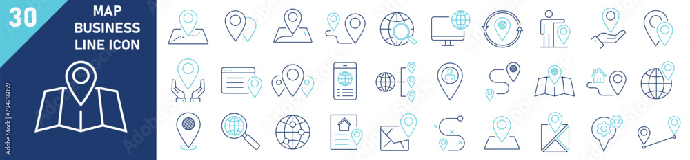 Map icons Pixel perfect. Map icon set. Set of 30 outline icons related ...