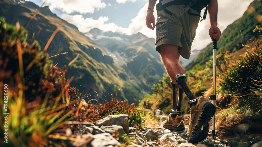 Brave hiker with prosthetic legs, backpack and trekking poles overcomes ...