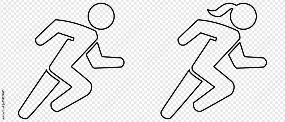Running sport man and women icon in flat set. isolated on transparent ...