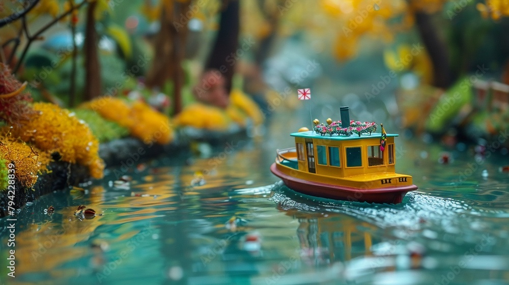 Imagine a miniature boat, adorned with colorful decorations, cruising ...