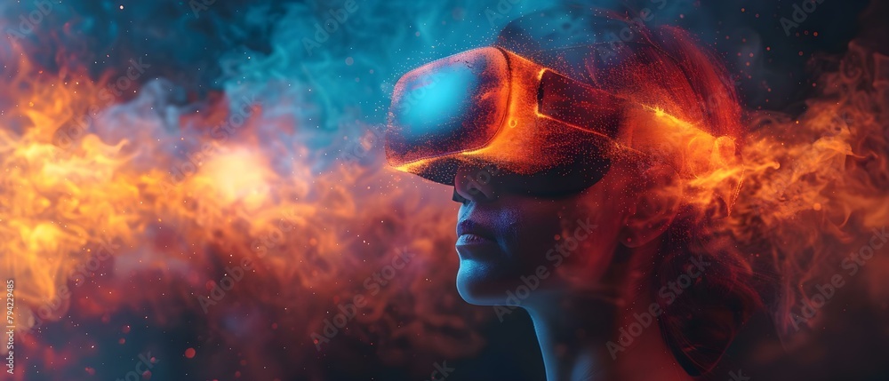 Individual in VR headset encounters vibrant abstract shapes and ...