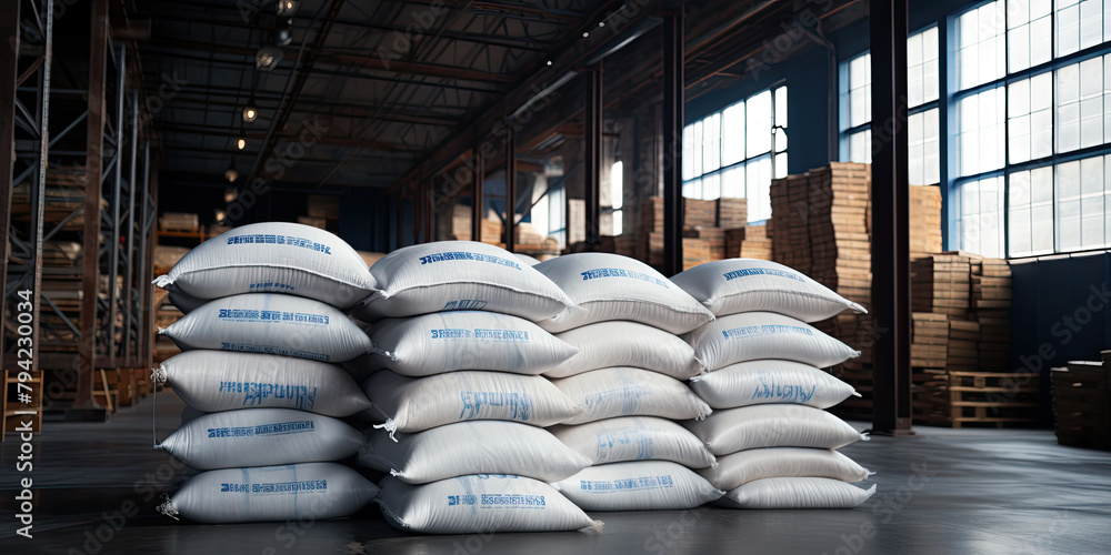 Inside the expansive hangar warehouse, large white polyethylene bags ...