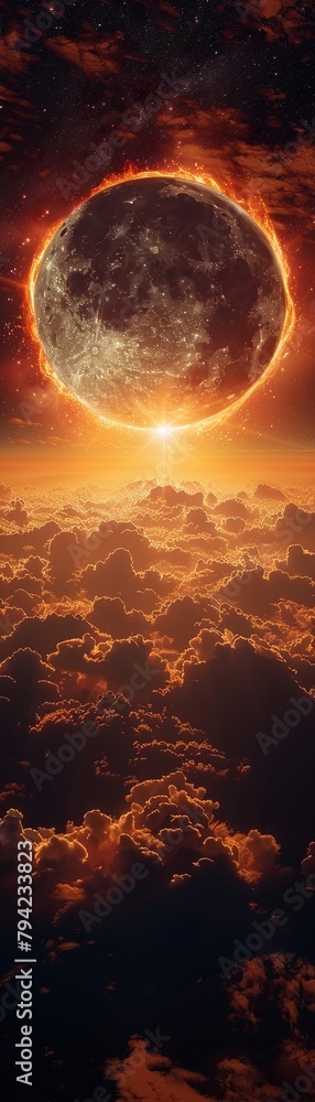 Picture a celestial event where the sun and the moon align, their faces ...