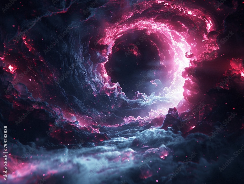 Picture a black void in space, where neon lights flicker and dance ...