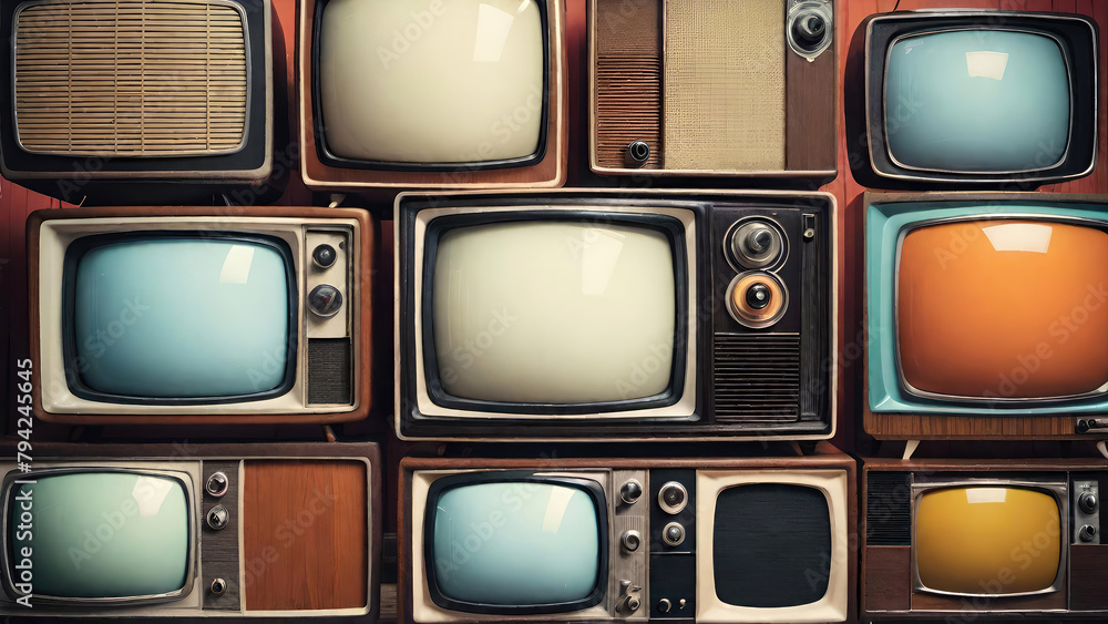 Stack of retro TV and radio set from circa 60s, 70s and 80s of XX ...