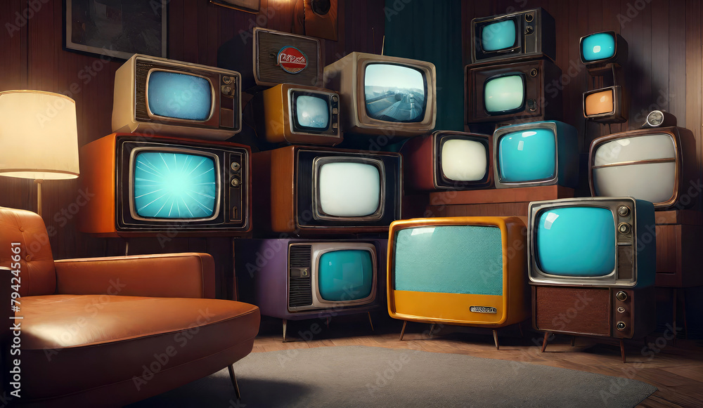Stack of retro TV and radio set from circa 60s, 70s and 80s of XX ...