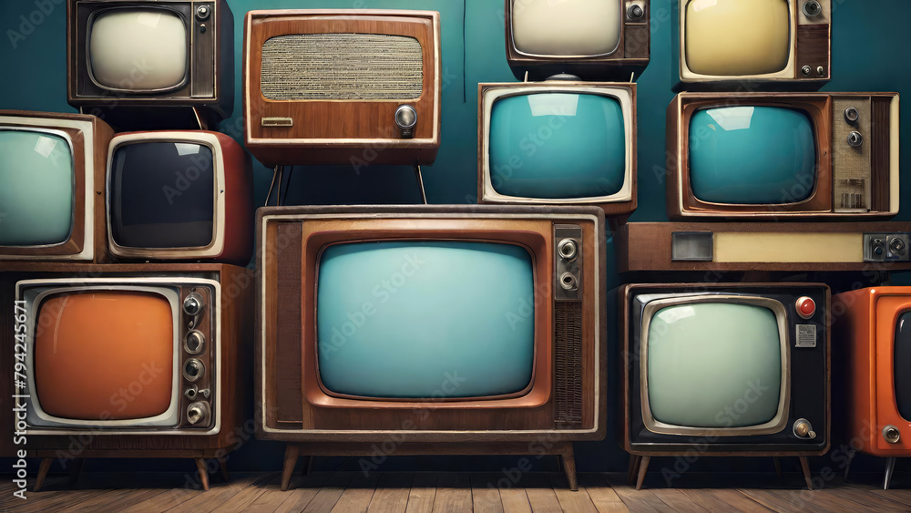 Stack of retro TV and radio set from circa 60s, 70s and 80s of XX ...