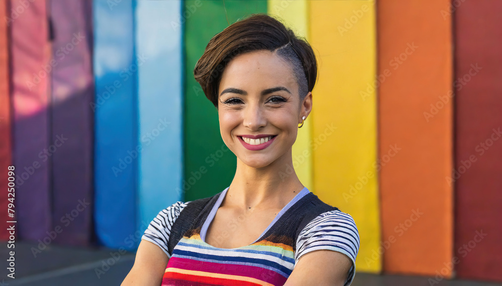 Strong and muscular lesbian, proud woman with a smile and crossed ...