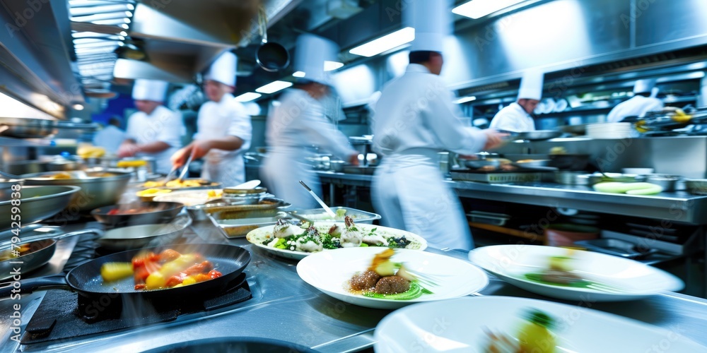 Professional chefs in white uniforms are intensely preparing and ...