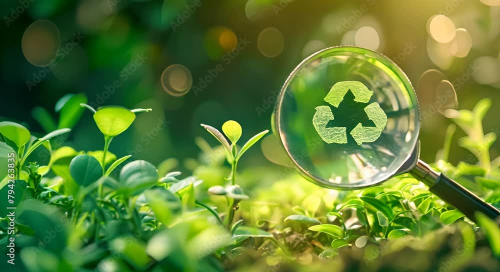 Magnifying glass with reduce CO2 emissions carbon symbol on green background for climate change ...