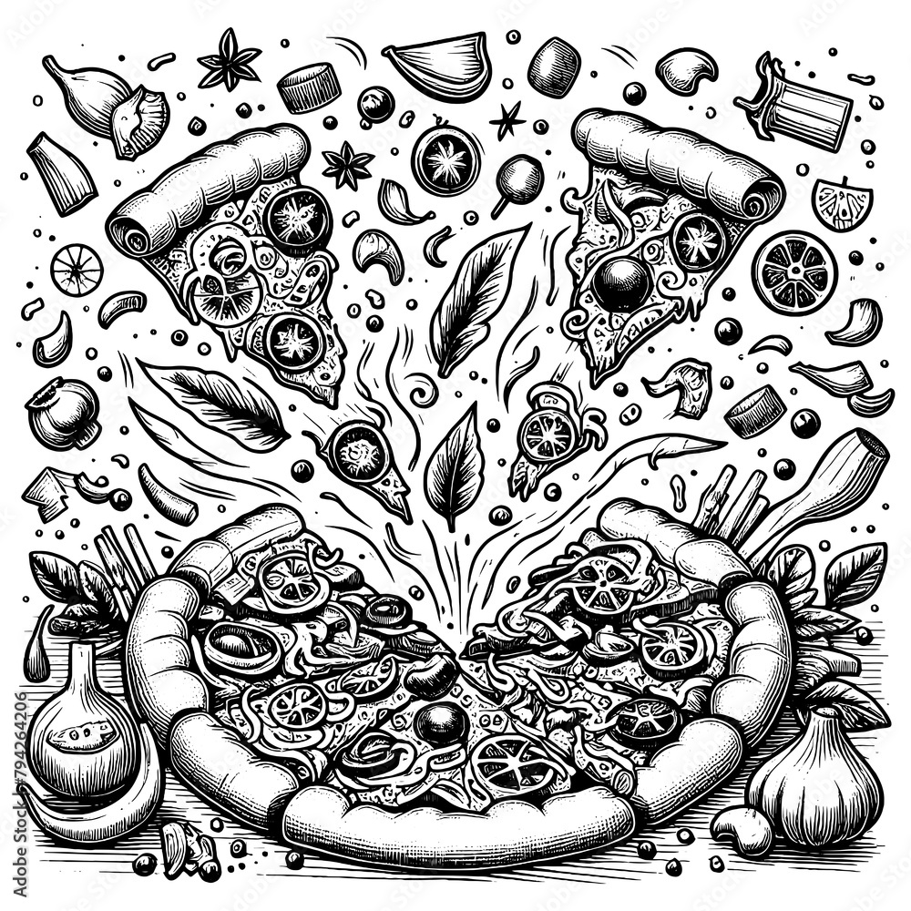 exploding pizza with a variety of toppings and ingredients flying ...