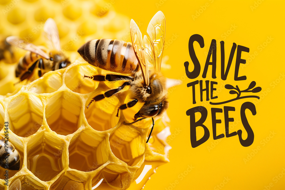 Save the bees title inscription theme yellow background concept ...