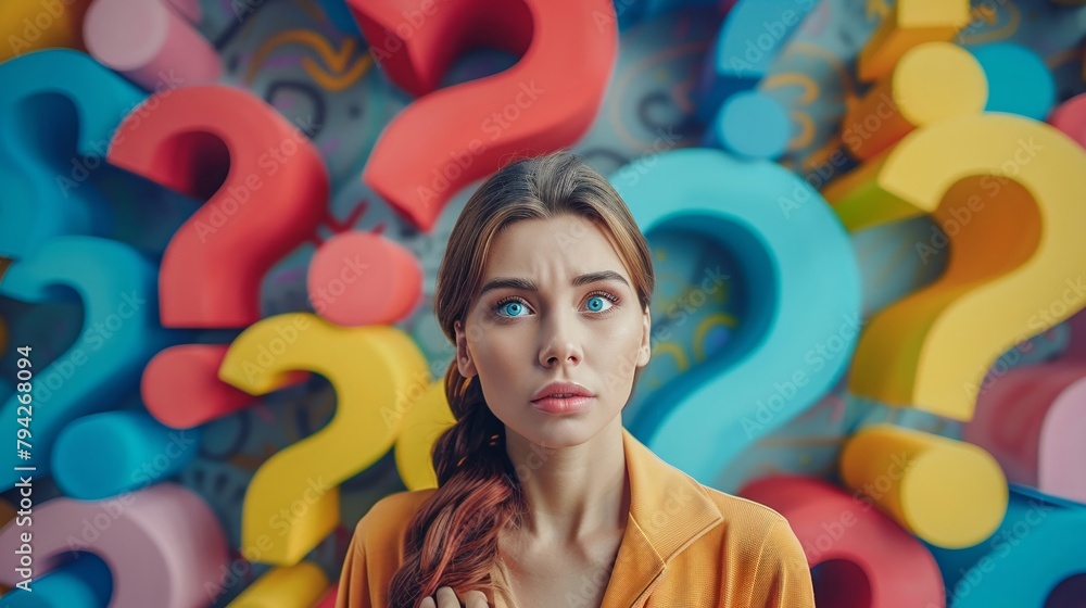 Decisionmaking in the corporate world, woman with floating question ...