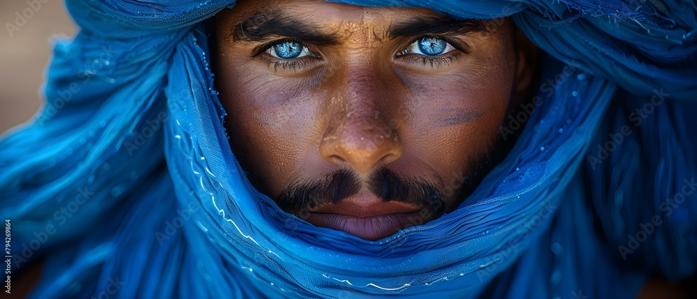 Closeup portrait of Tuareg man in traditional blue attire in Sahara ...