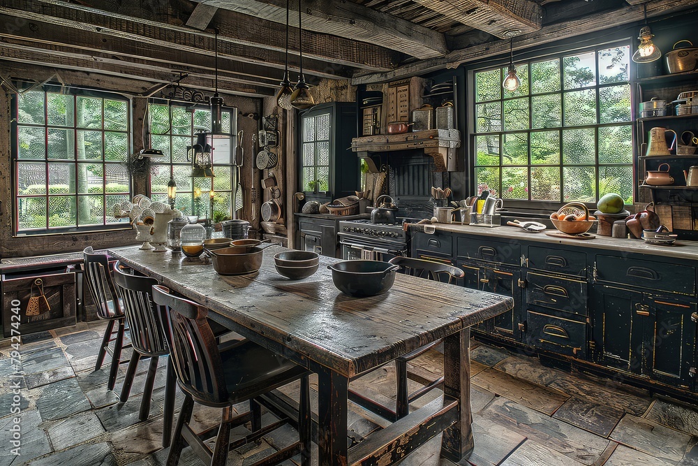 Rustic kitchen with a vintage cookware. Immerse yourself in the rustic ...