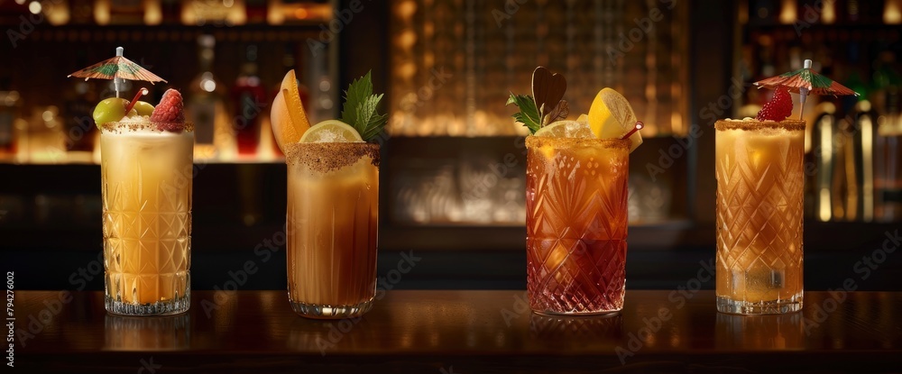 4 fancy cocktails on the bar counter in front of a blurred background ...