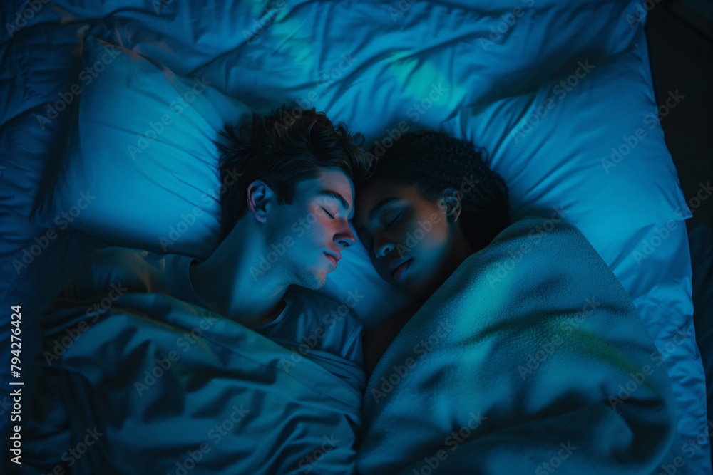 top view couple sleeping in bed at night. husband and wife cuddling ...