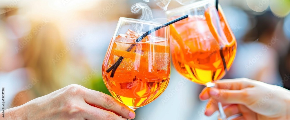 Aperol spritz cocktail glasses in hands of couple toasting, with black ...