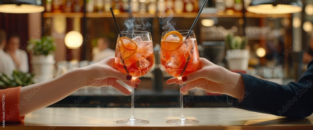 ภาพประกอบสต็อก Aperol spritz cocktail glasses in hands of couple ...