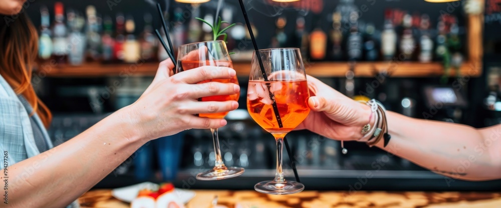 Aperol spritz cocktail glasses in hands of couple toasting, with black ...