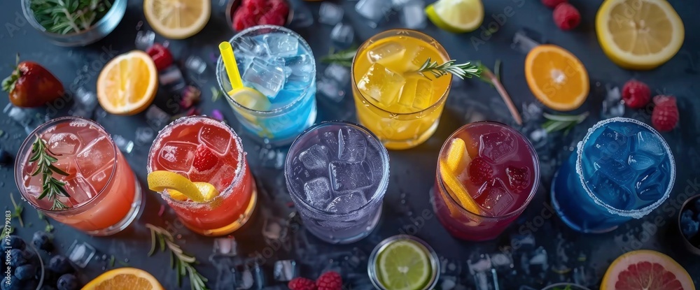 Colorful cocktails with fruit and herbs on a bar table in a top view ...