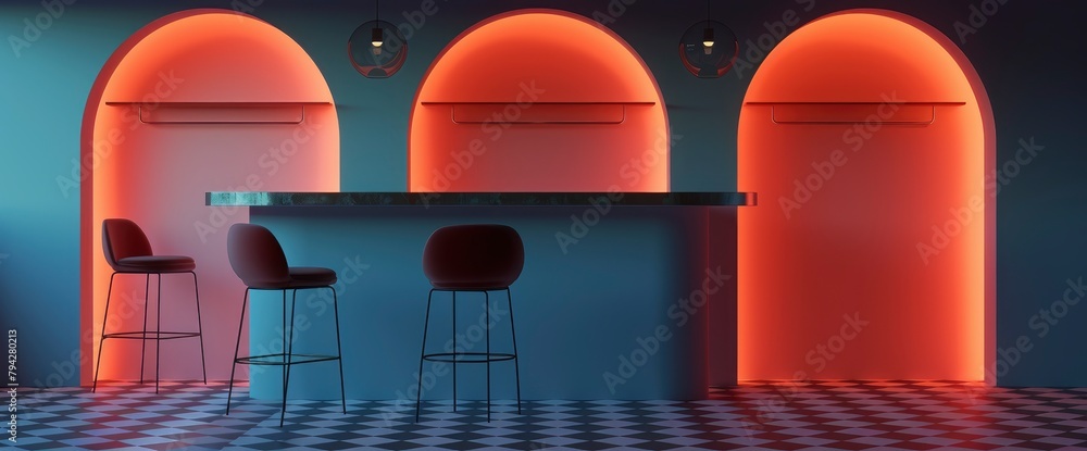 modern classic bar interior with three arches and glass shelves, a bar ...