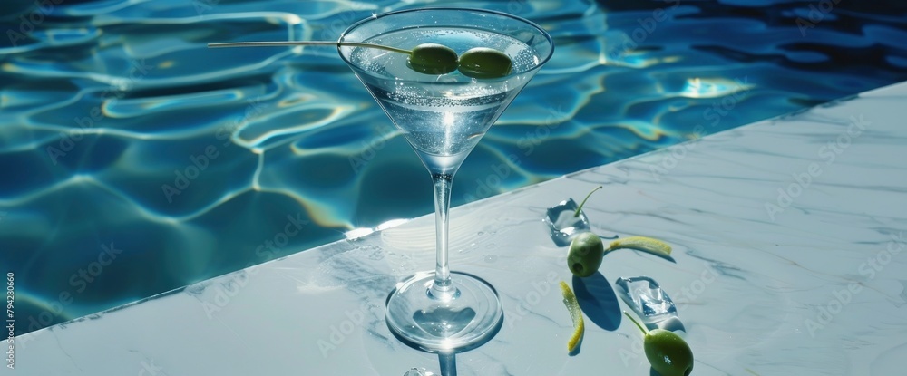 Photo of a martini with olives on the rim, centered in the frame ...