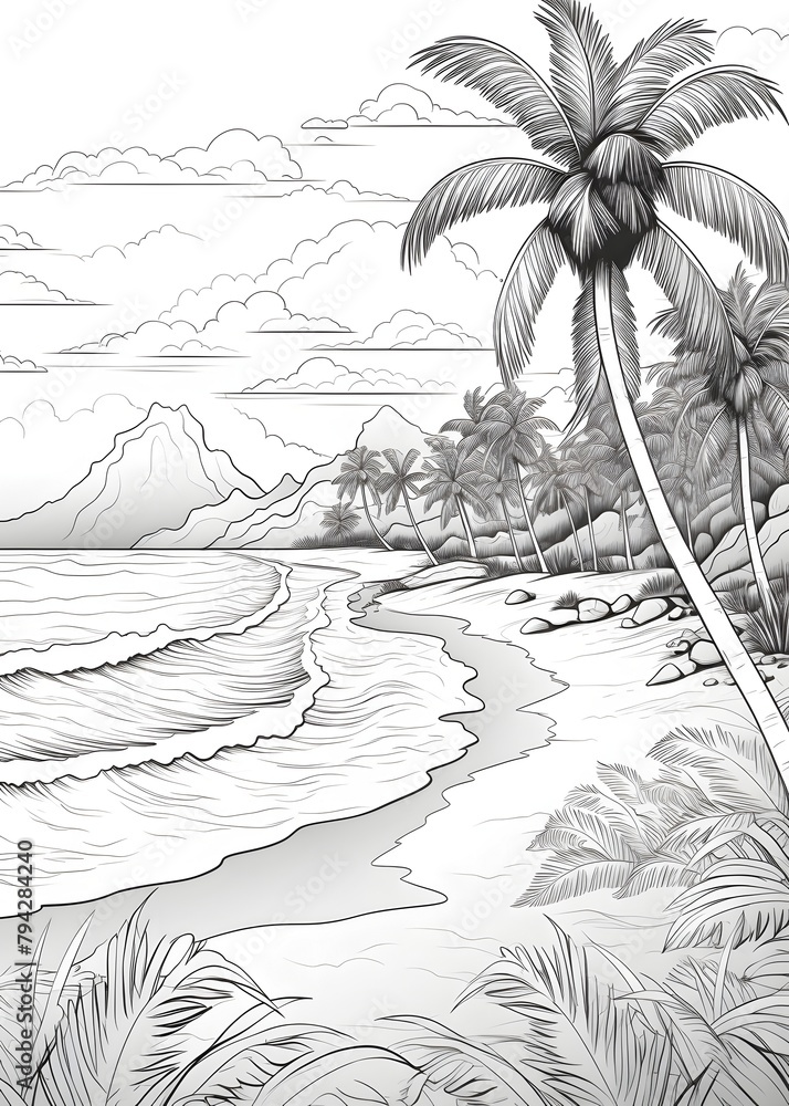 Beach Coloring Page, Beach outline coloring page, Beach Scenery line ...