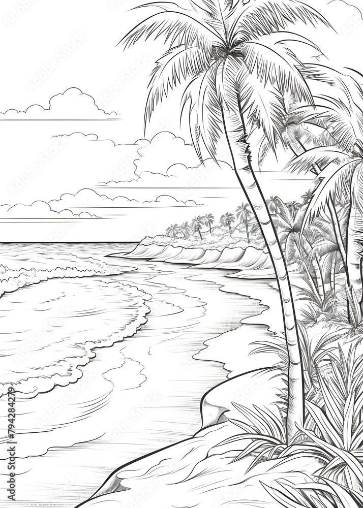 Beach Coloring Page, Beach outline coloring page, Beach Scenery line ...