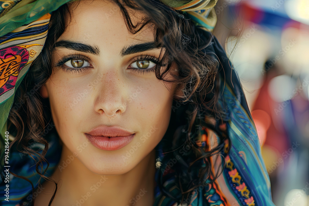 A stunningly beautiful Middle Eastern woman posing confidently at an ...
