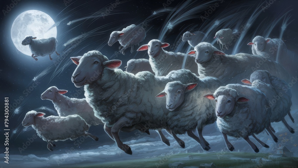 A mystic depiction of a flock of sheep eerily floating in the night sky ...