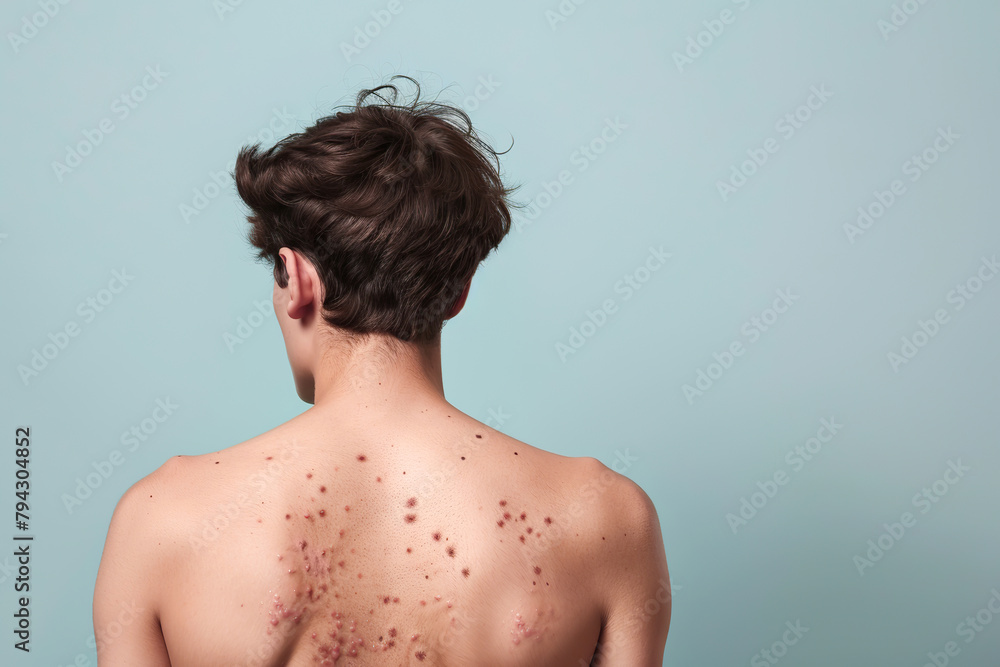 Male Back with Painful Rash, Red Spots Blisters on the Skin. Human Body ...