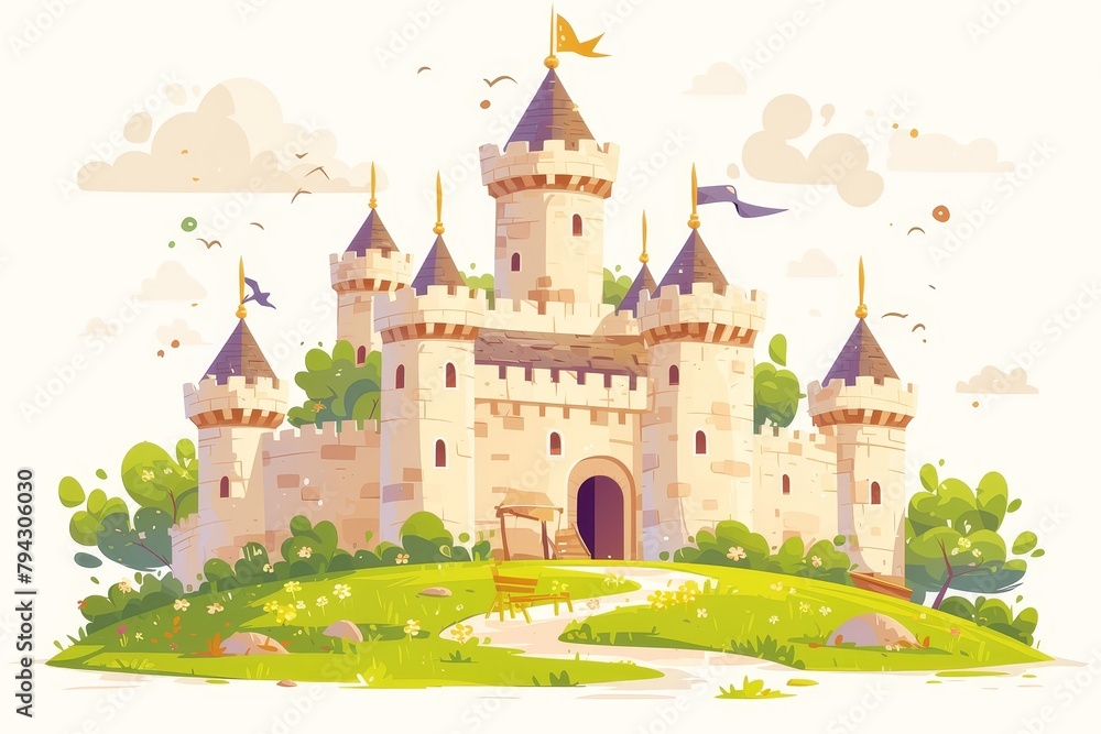 white cartoon castle with turrets, simple flat vector illustration on ...
