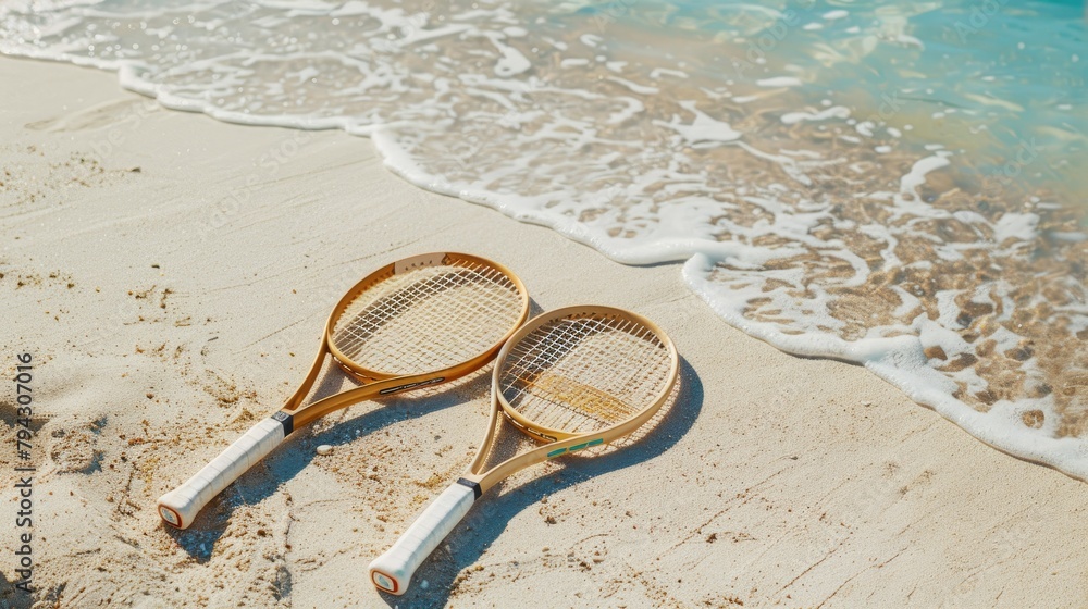 Beach tennis rackets for women and children lay elegantly on the sandy ...