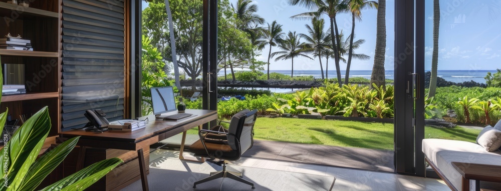 an outdoor sleek modern home office nestled within a luxury villa ...