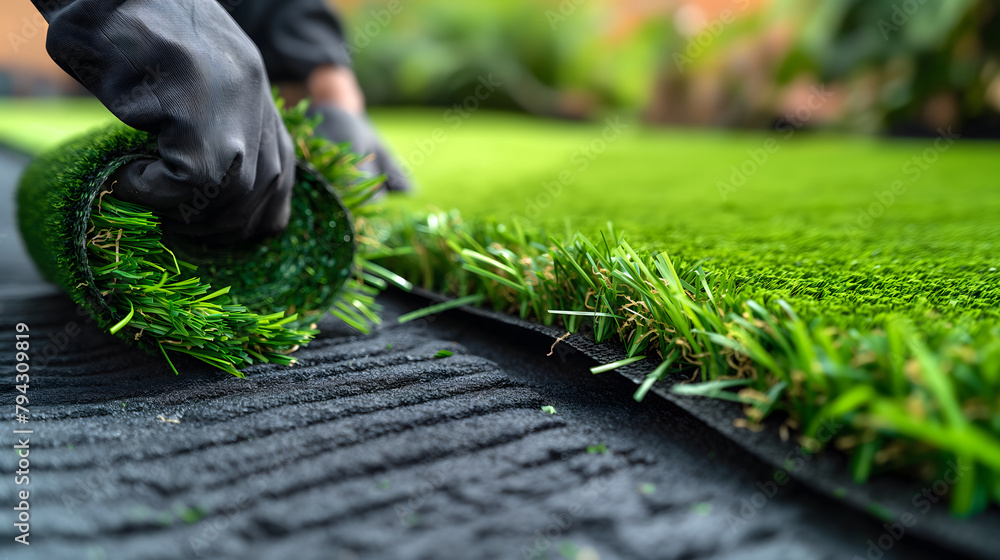 Art of Turf Laying: Gloved Hands Installing Artificial Grass Stock ...