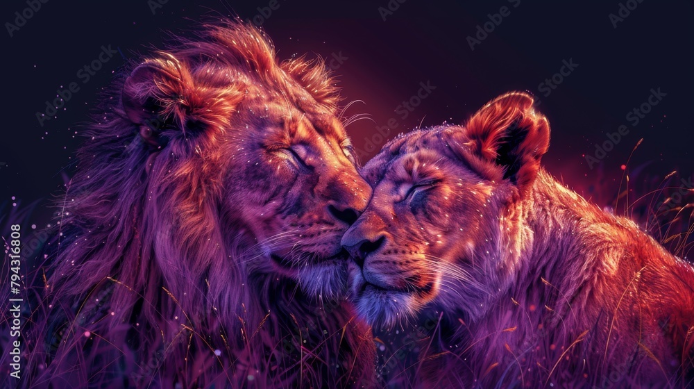 A lion embraces a lioness in a depiction of pop art lions. Digital ...
