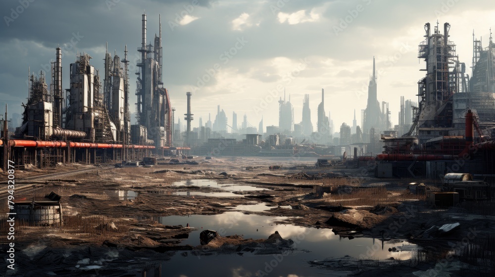 Imagine a post-apocalyptic city skyline dominated by colossal, sleek ...