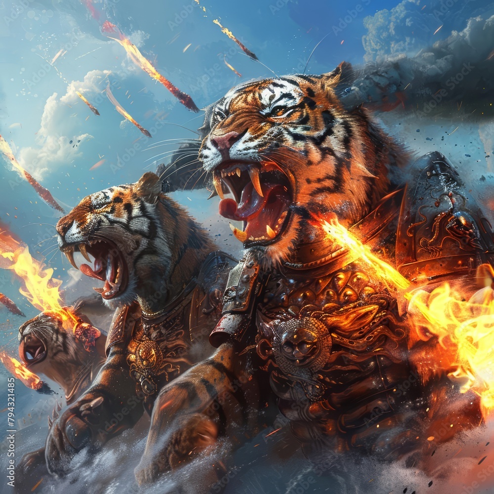 A pride of majestic tigers, adorned in armor fashioned from dragon ...