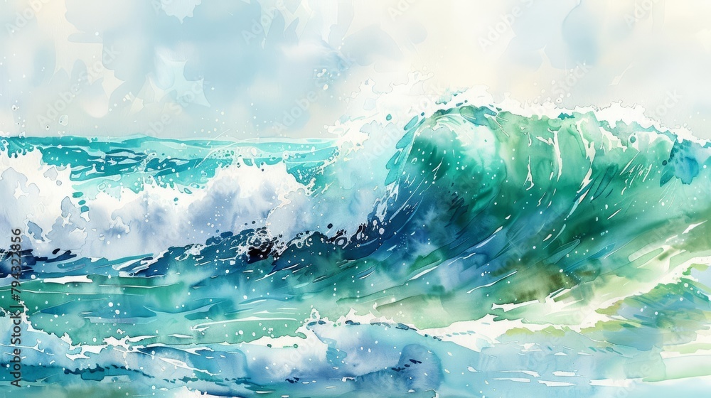 A watercolor ocean wave crested gently, its foam captured in shades of ...
