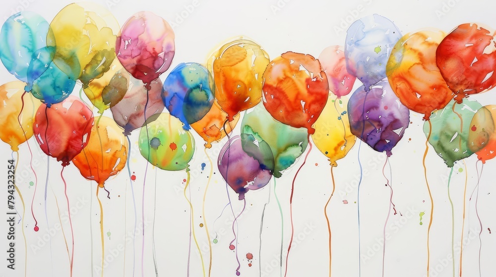A whimsical watercolor painting featured a cluster of colorful balloons ...