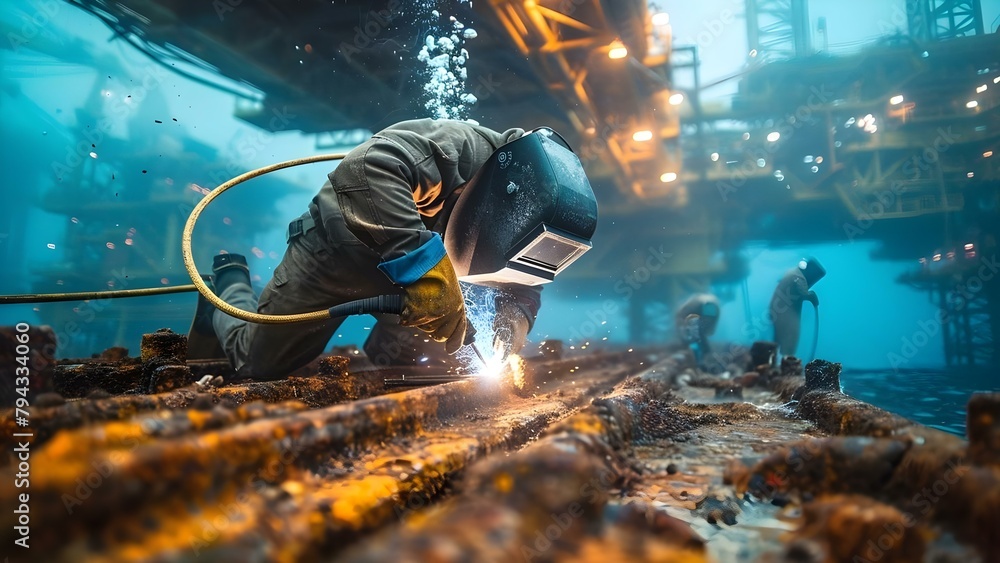 Underwater welder in advanced gear repairs oil rig foundation ...