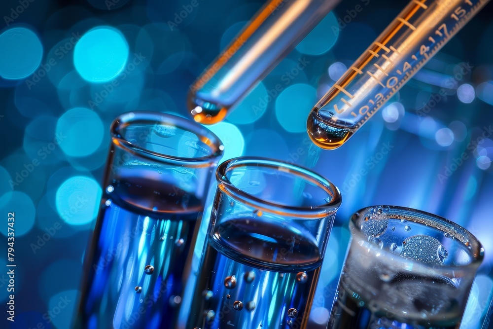 Laboratory equipment in action, close-up of bubbling test tubes ...