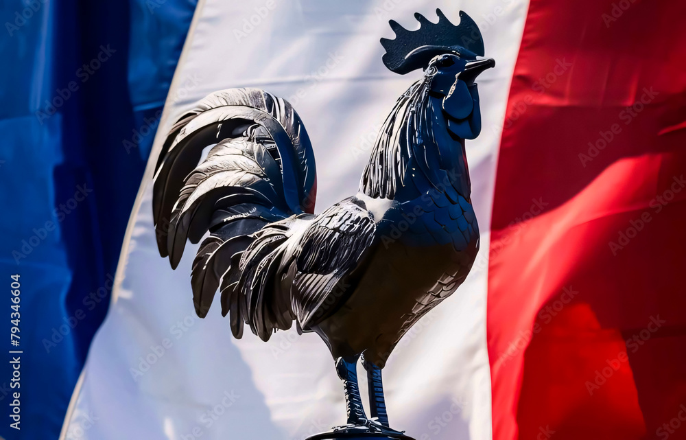 Rooster statue against flag of France closeup. Symbol of pride ...
