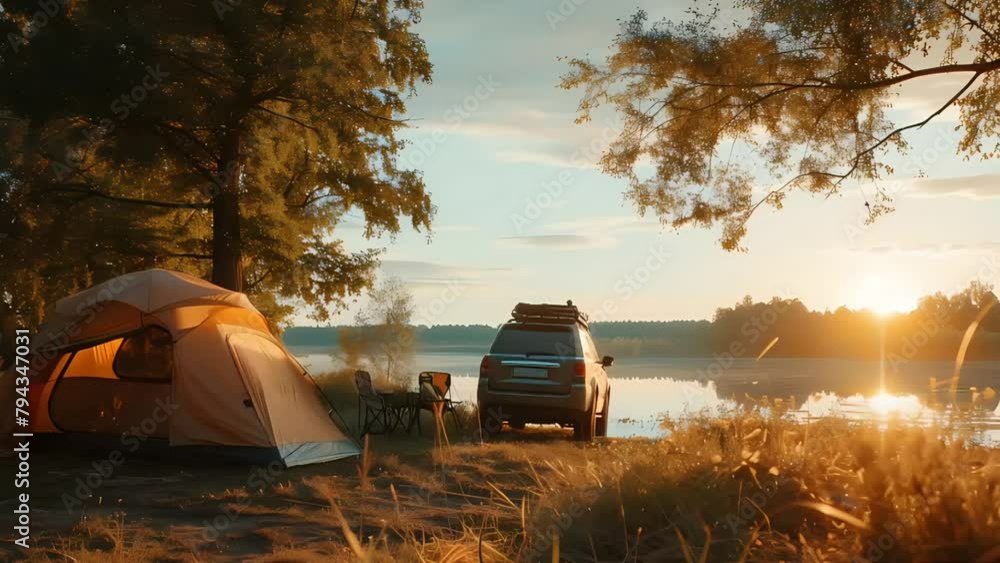 Camping in a national park with a sunset backdrop, surrounded by ...