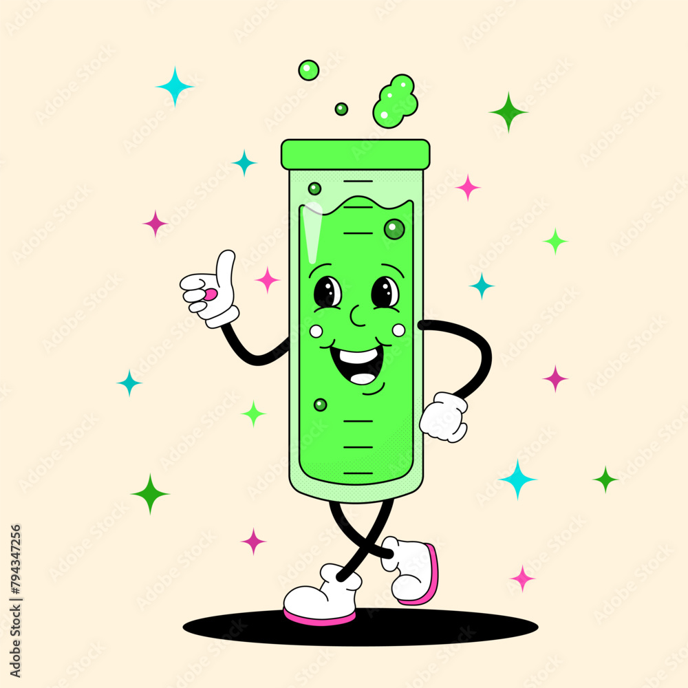 Comic flat green Flask with face on decorated background. Vector ...