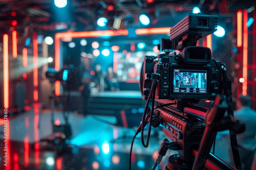 Professional video camera recording tv studio interview. Mass media ...