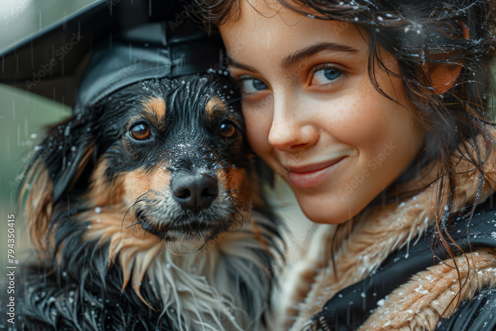 Smiling girl and a dog wearing graduation caps in the rain. Graduation ...